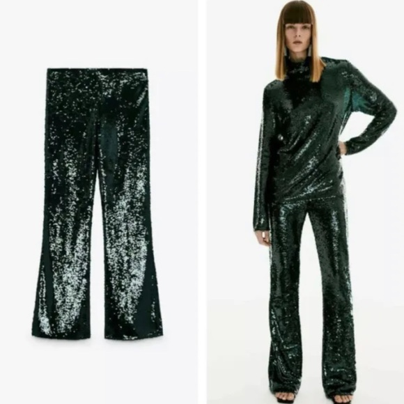 Zara | Pants & Jumpsuits | Zara Green Sequin Pants | Poshmark